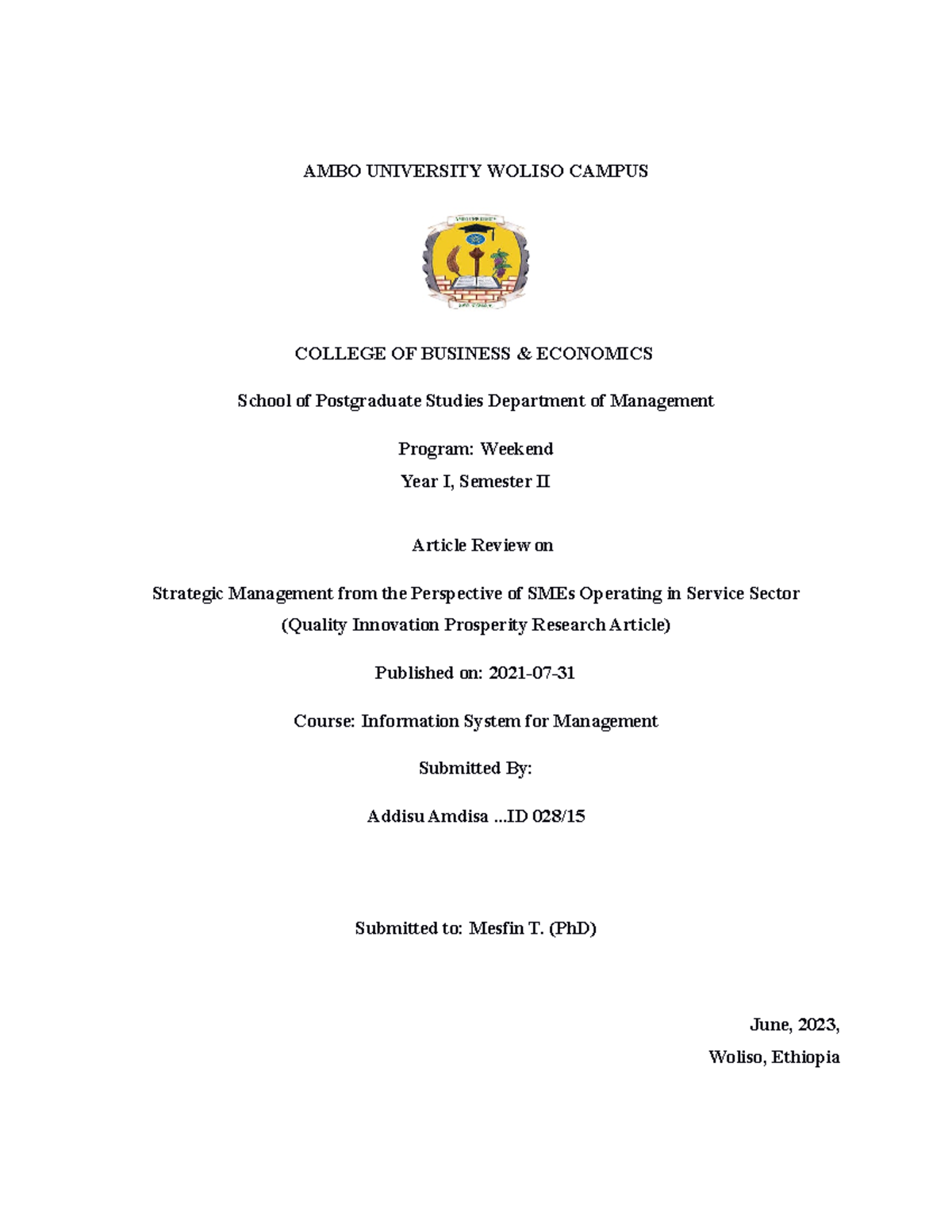 Adisu rvw IT article rvw assgt - AMBO UNIVERSITY WOLISO CAMPUS COLLEGE ...