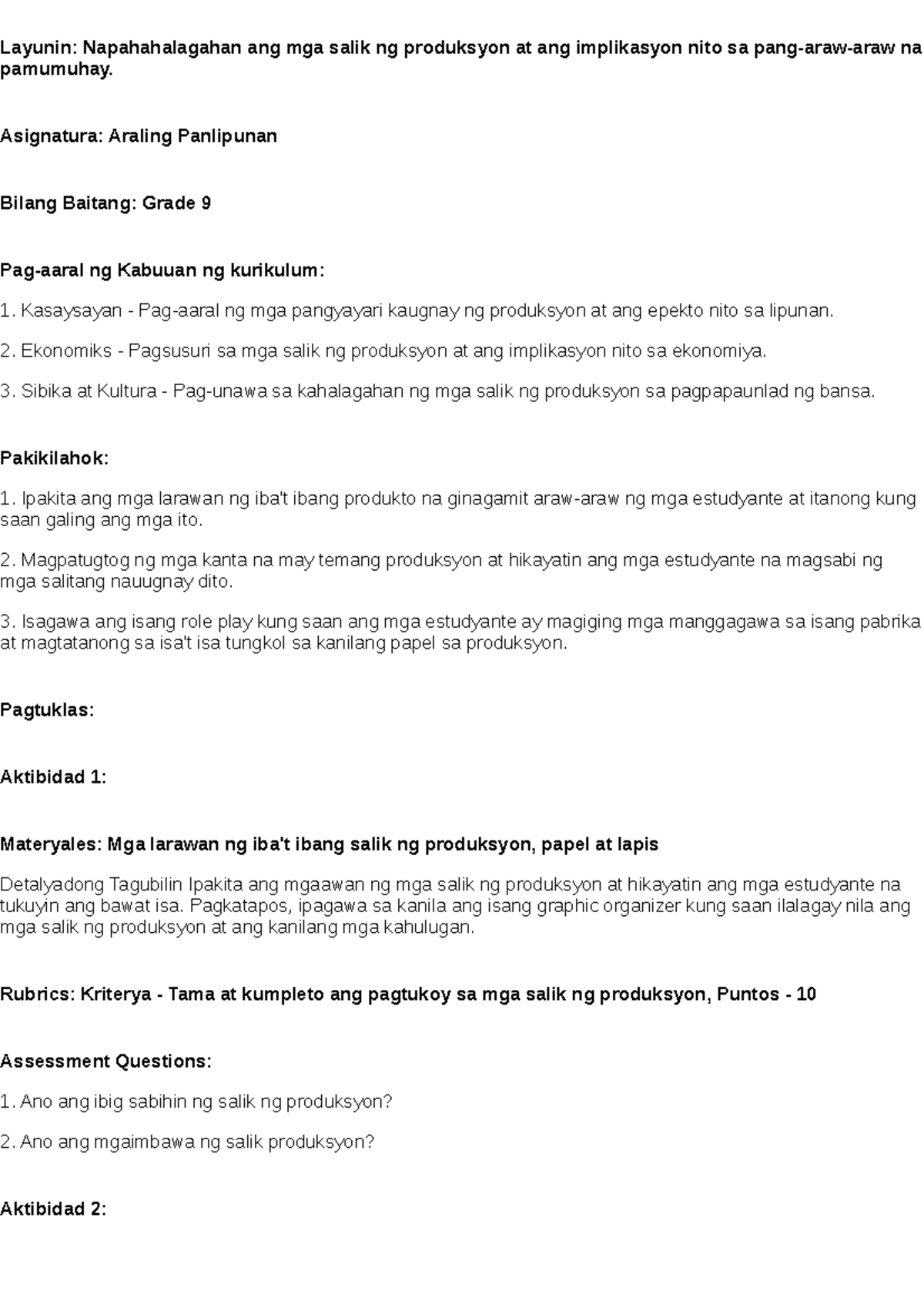 Araling Panlipunan Lesson Plan for Grade 9: Produksyon at Ekonomiya ...