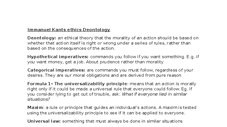 Ethics Notes: Deontology vs. Utilitarianism (AT 1) - Studocu