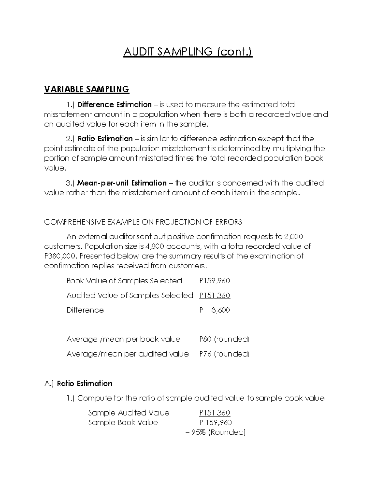 Variable Sampling Lecture Notes 3 Audit Sampling Cont Variable Sampling 1 Difference