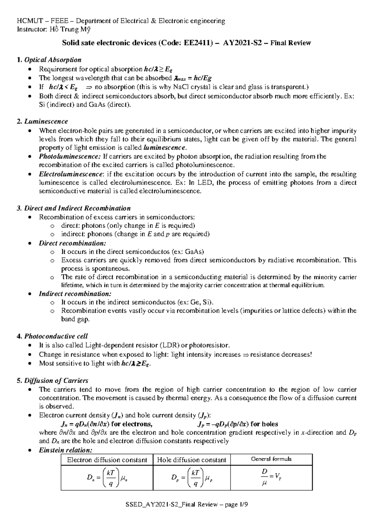SSED EE2411 Final Exam Review: Solid State Electronic Devices - Studocu
