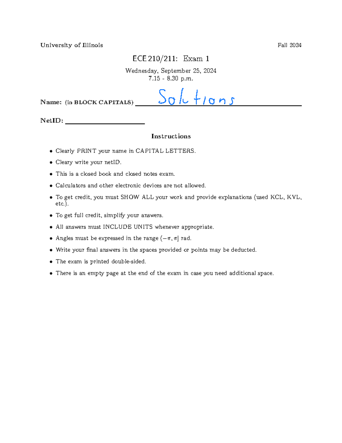 ECE210 FA24 EXAM1 sol - Ece 210 fa24 exam 1 - University of Illinois ...