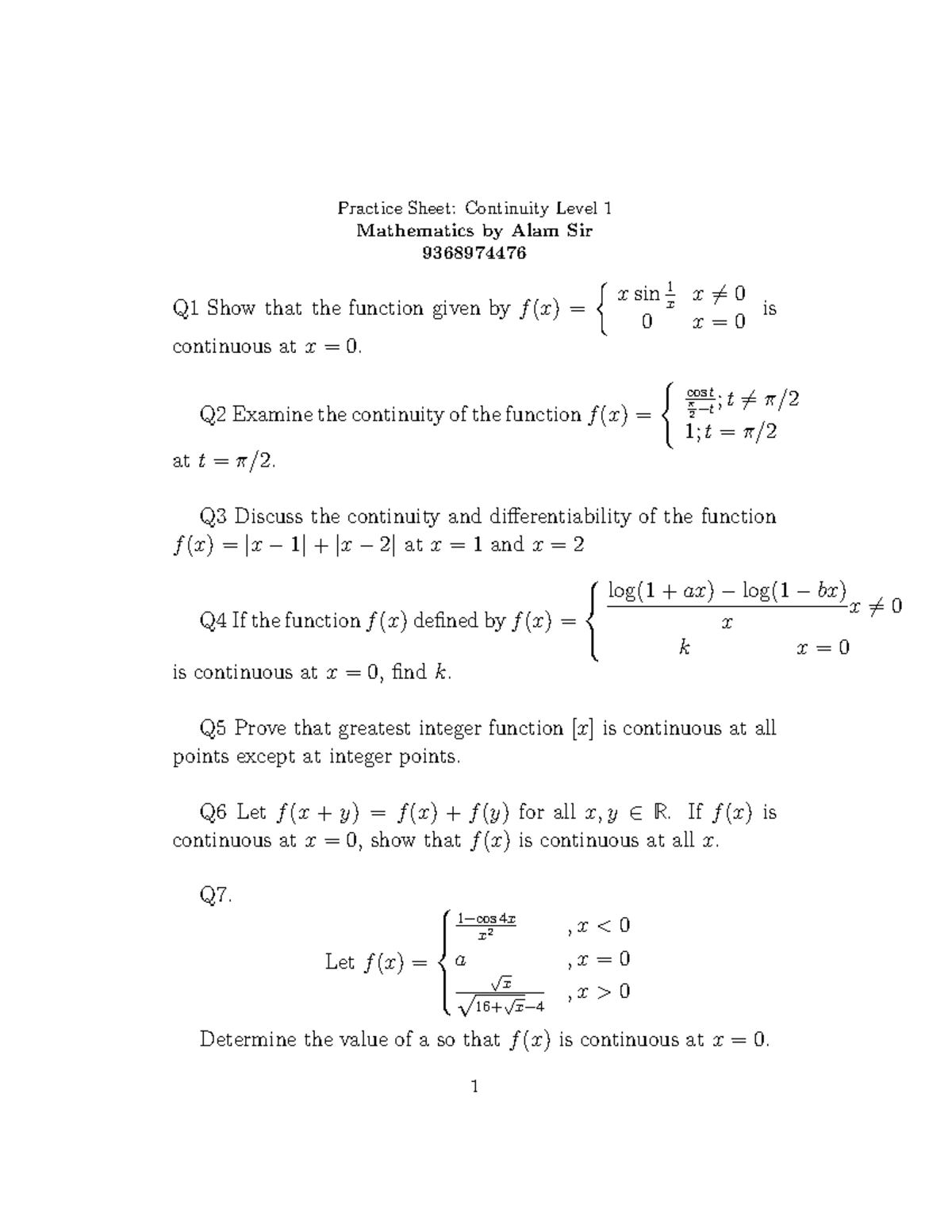 Continuity Level 1 Practice Sheet - Mathematics Revision - Studocu