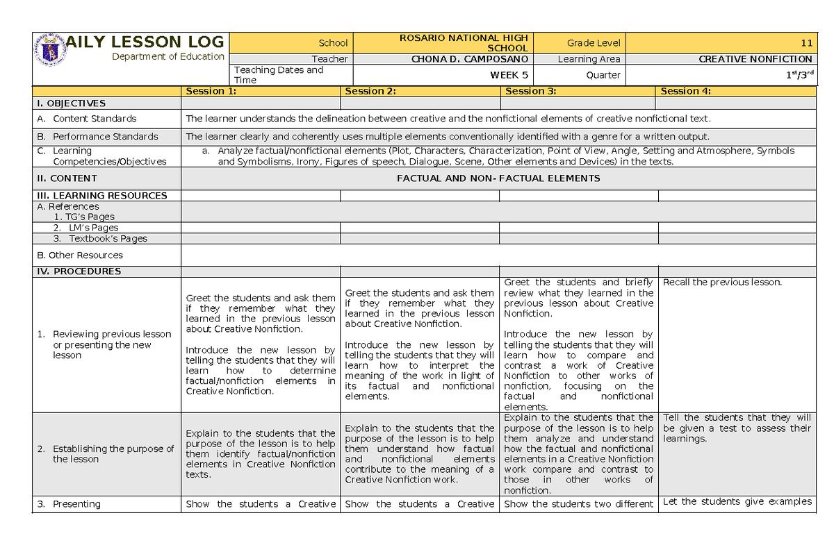 Grade 11 Creative Nonfiction Lesson Plan - Week 5 (Quarter 1) - Studocu