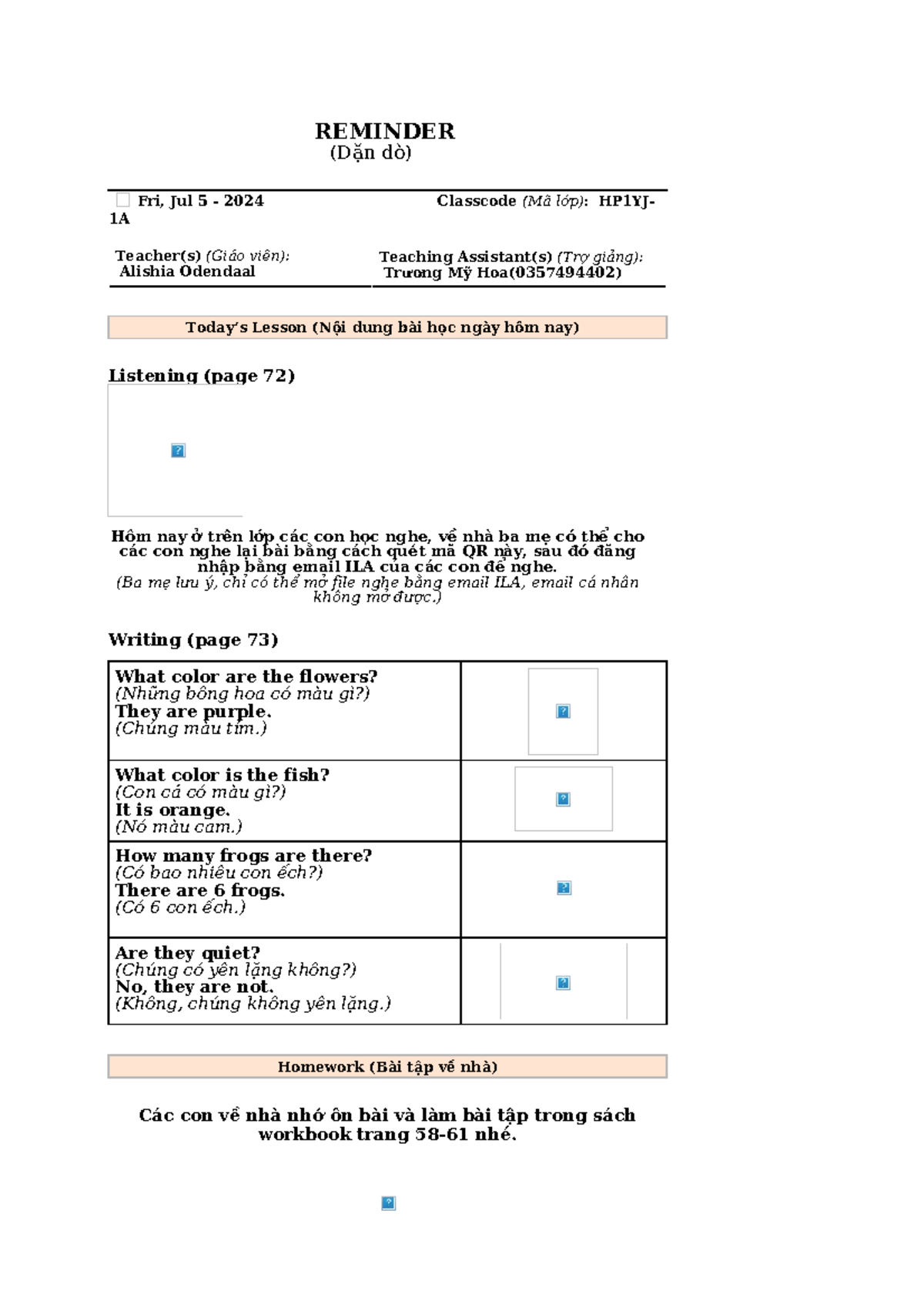 HP1YJ1A2404 - Reminder for English 1 Class Activities and Homework ...