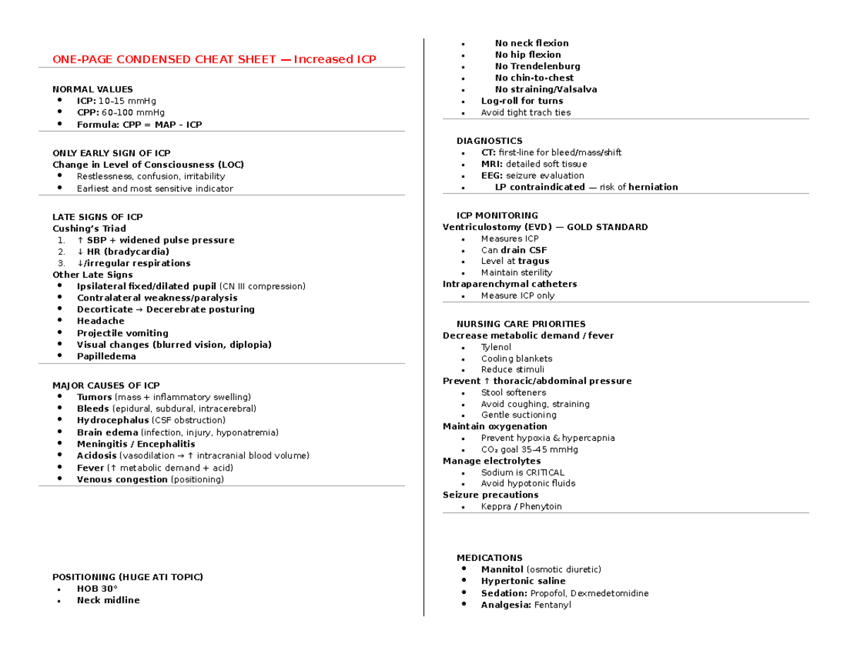 ICP - Increased Intracranial Pressure Cheat Sheet - Studocu