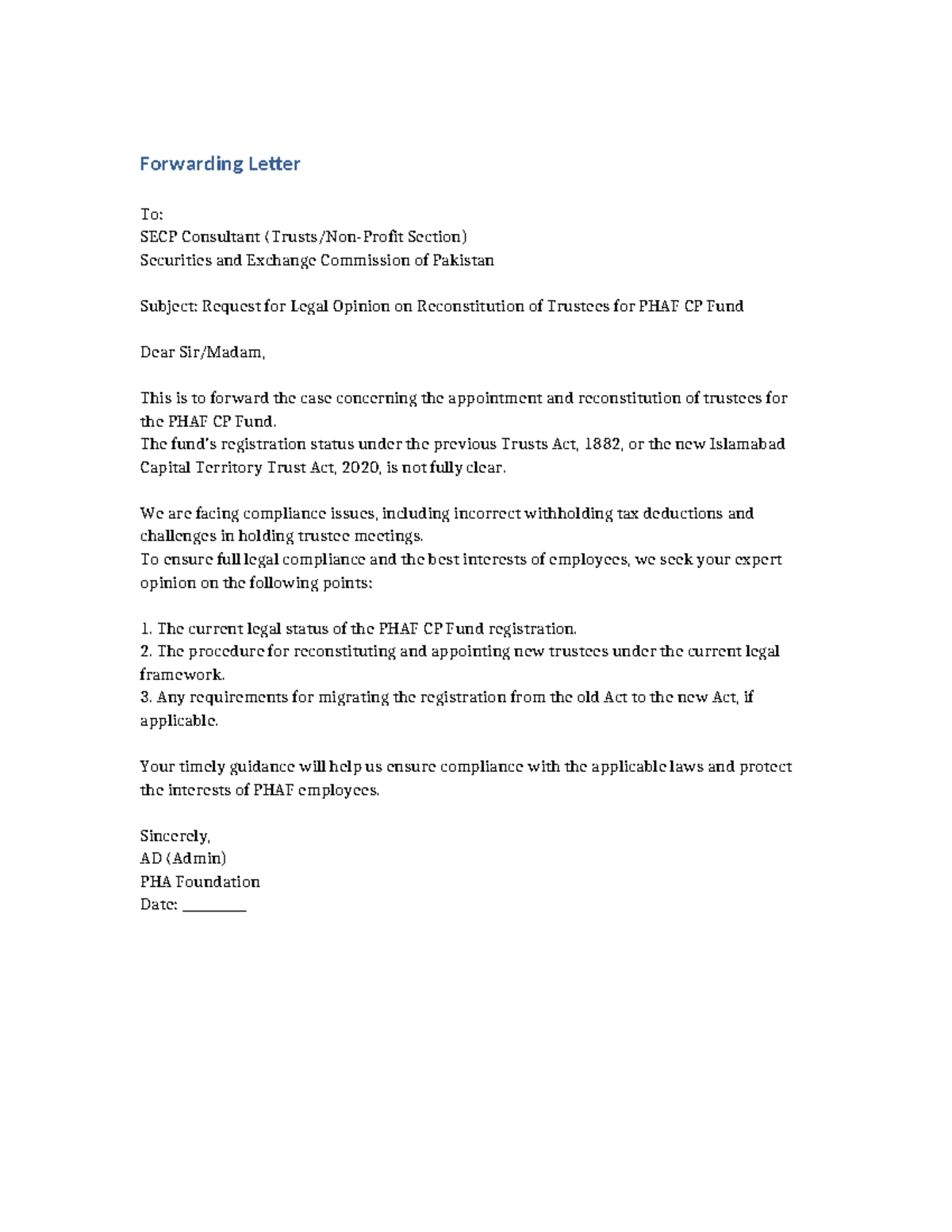 Forwarding Letter: Legal Opinion Request on PHAF CP Fund - Studocu
