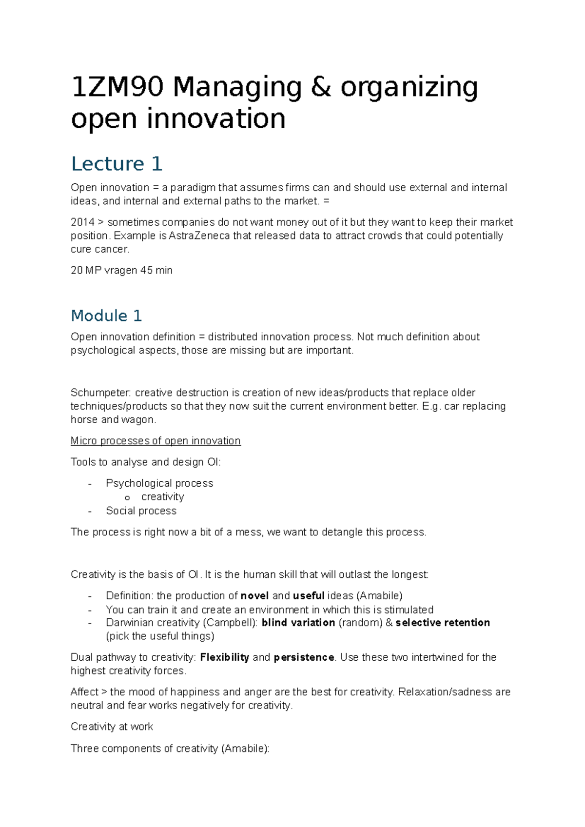 1ZM90 Managing Open Innovation - Lecture 1 Notes on Creativity and ...