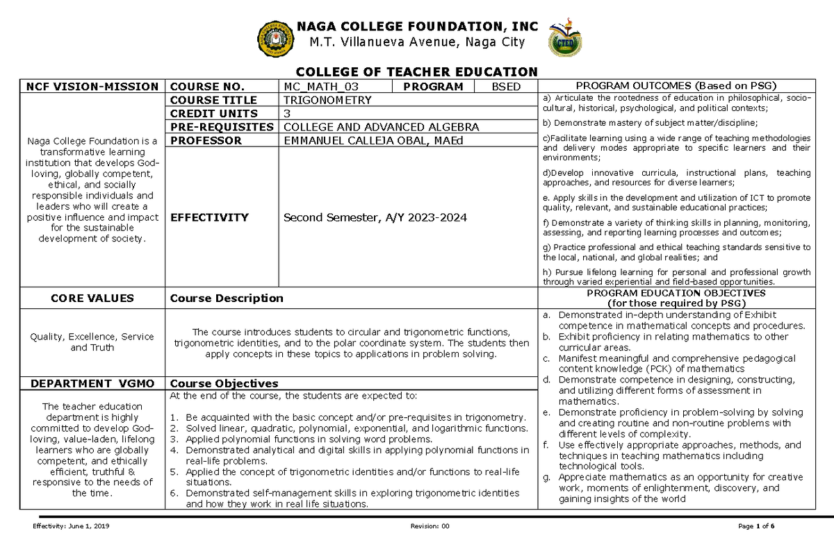 SYLLABUS ON TRIGONOMETRY (MC_MATH_03) - NCF Teacher Education - Studocu