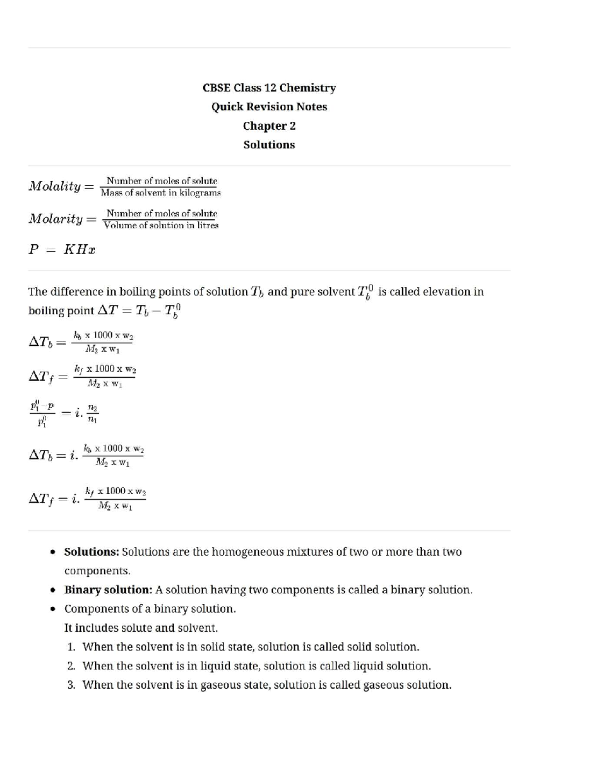 CBSE Class 12 Chemistry Quick Revision Notes: Chapter 2 - Solutions ...