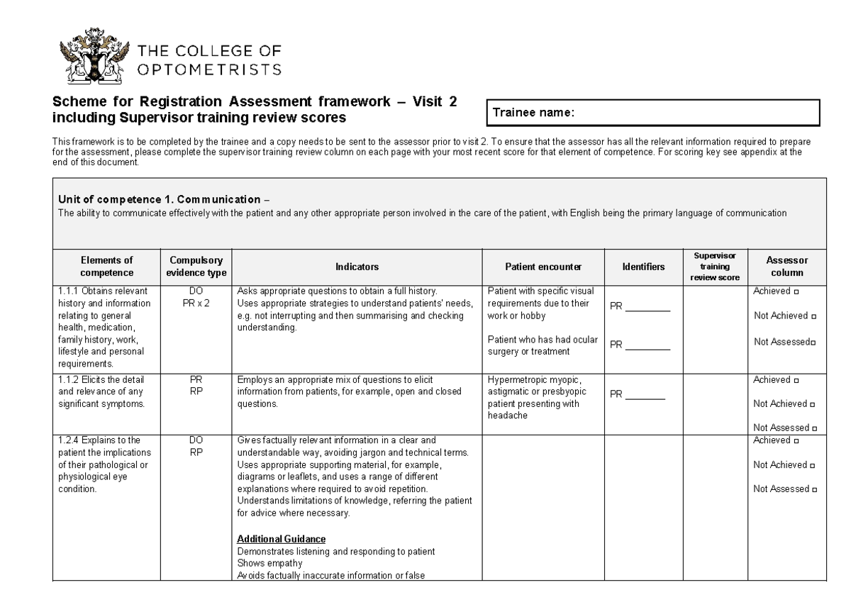 Assessment Framework for Visit 2 - Supervisor Training Review Scores ...
