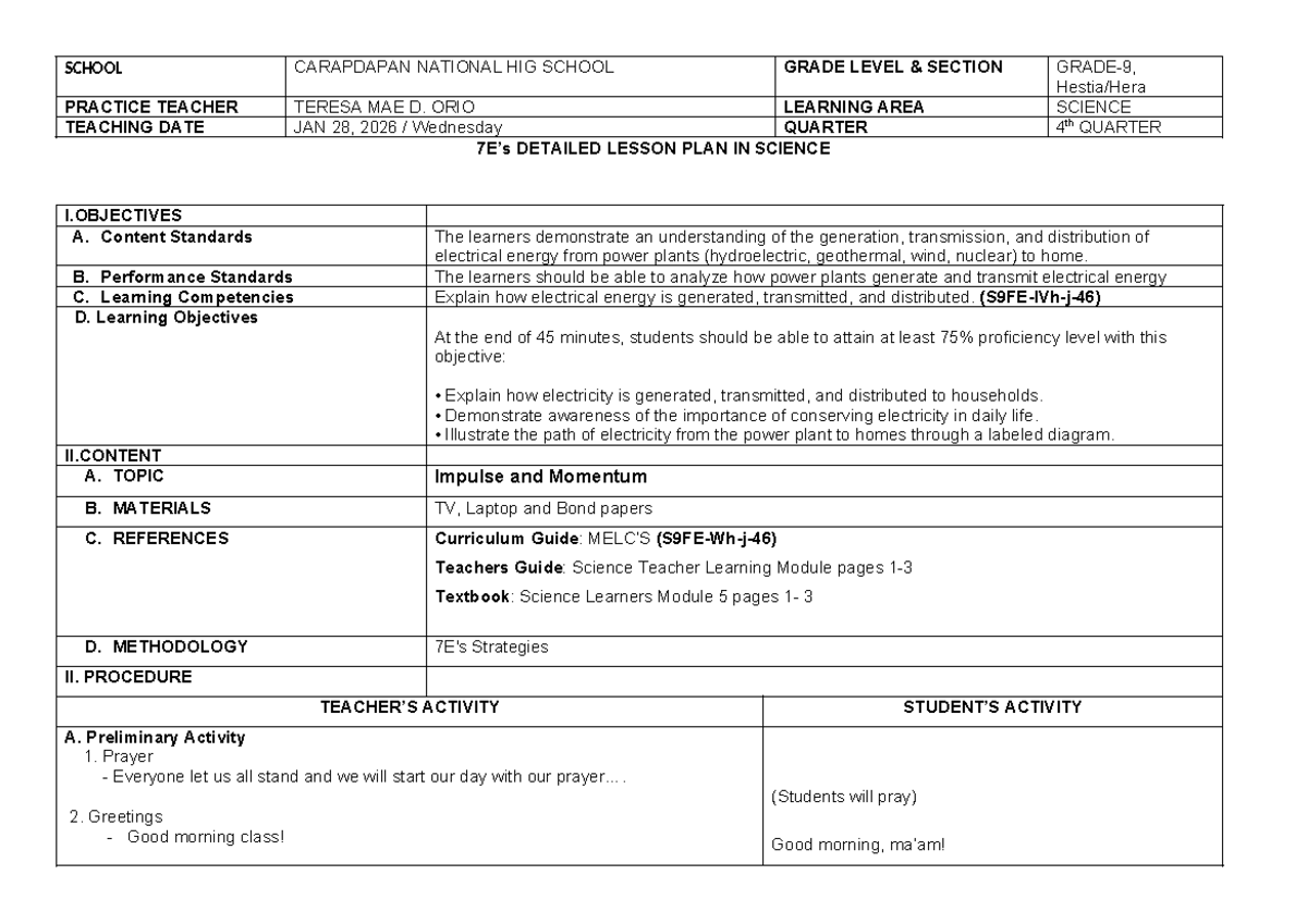 Detailed Lesson Plan in Science (Grade 4) - Electricity Generation ...
