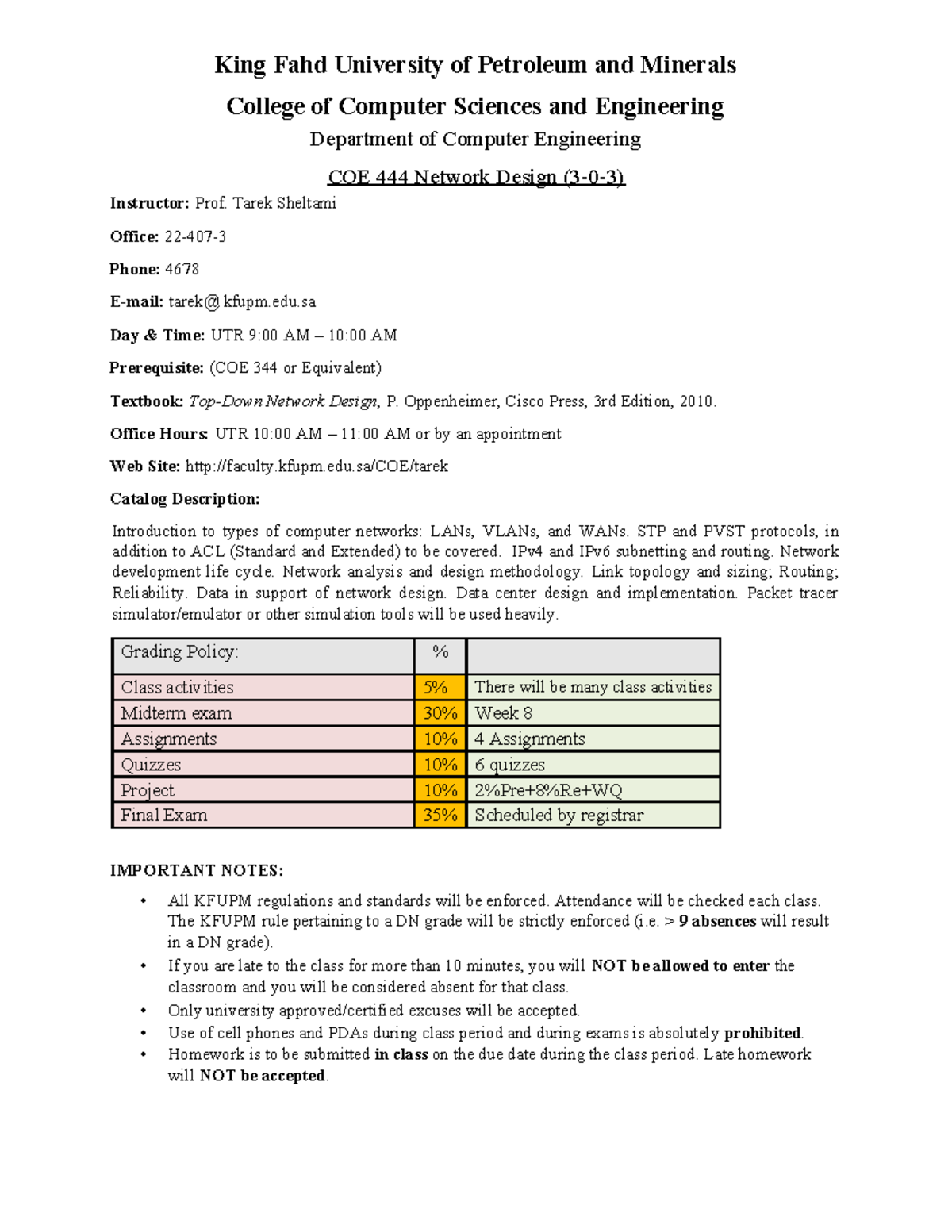 COE 444 Network Design Syllabus - King Fahd University - Studocu