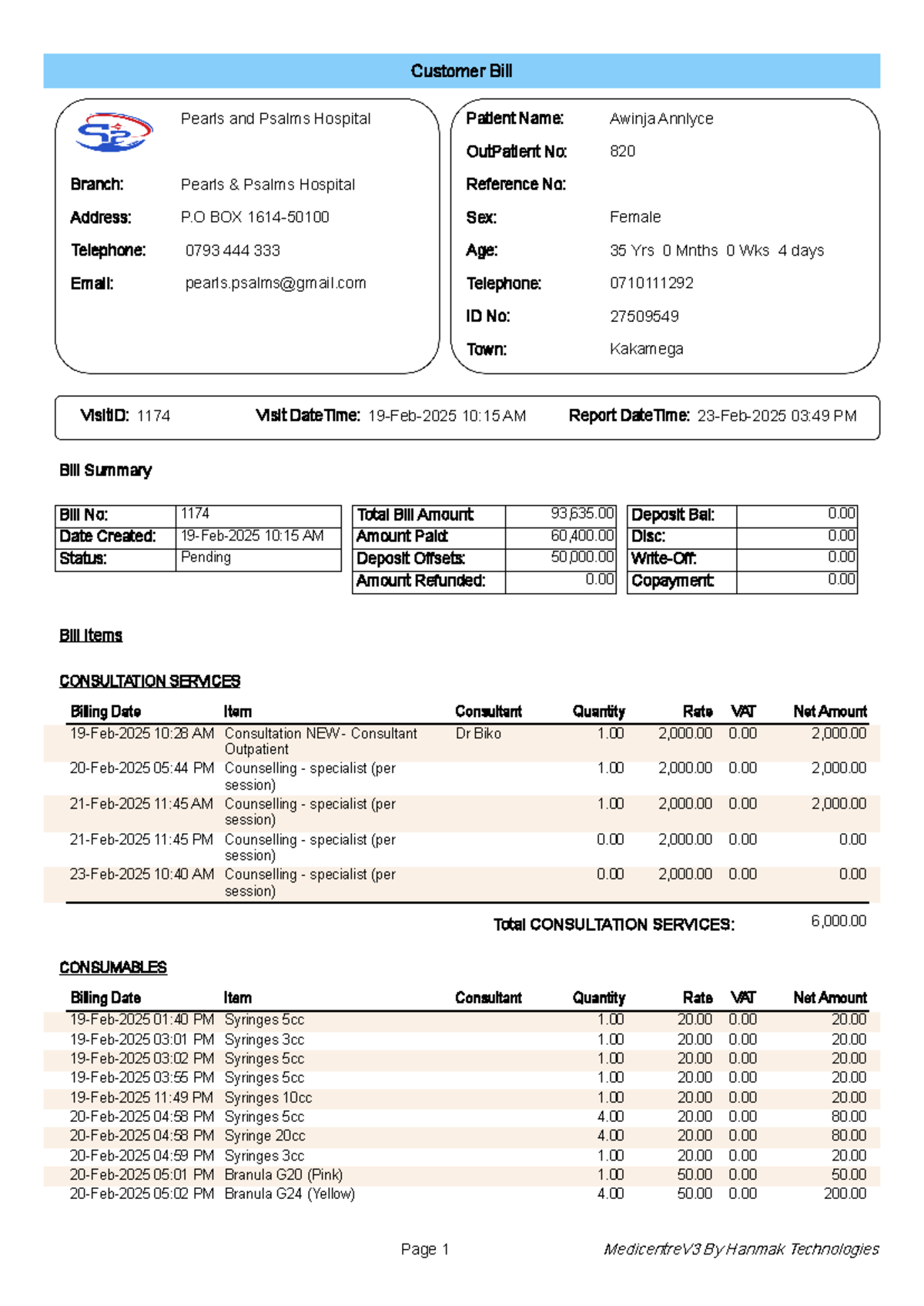 Customer Bill Summary for Visit ID 1174 - Pearls & Psalms Hospital ...