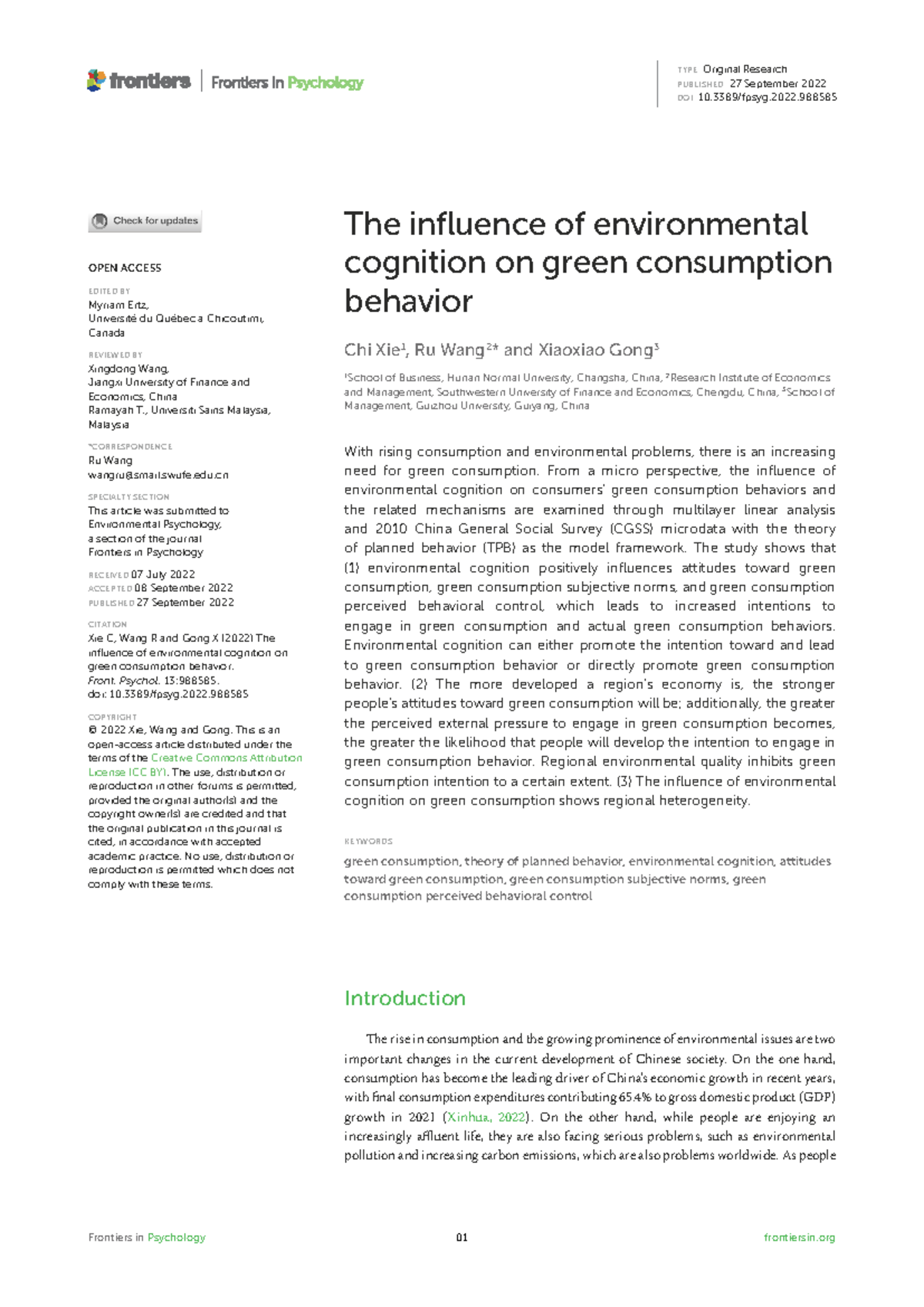 Fpsyg-13-988585 - The Impact of Environmental Cognition on Green ...