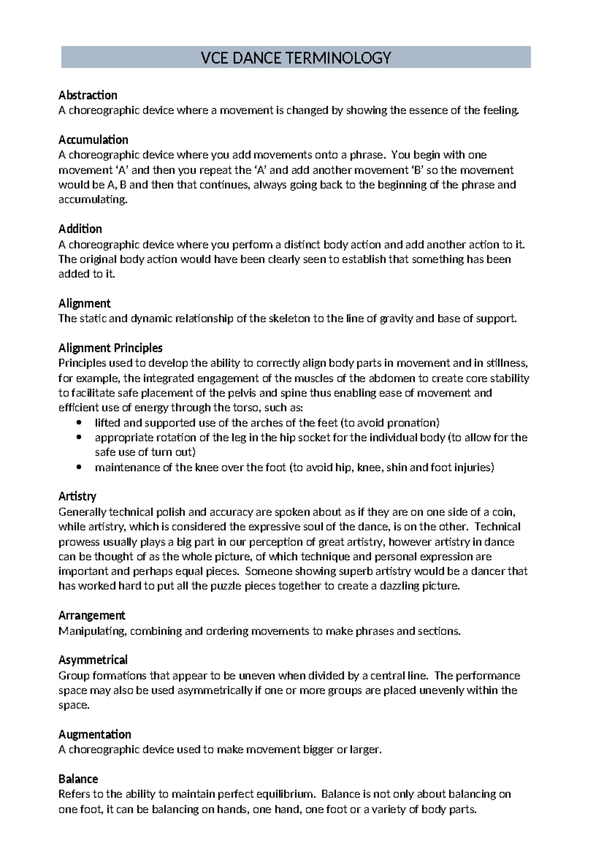 VCE Dance Terminology - Key Concepts and Choreographic Devices - Studocu