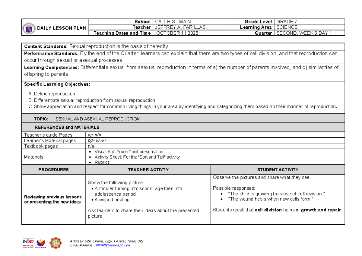 DLP G7 SCIENCE: Sexual & Asexual Reproduction Lesson Plan - Studocu