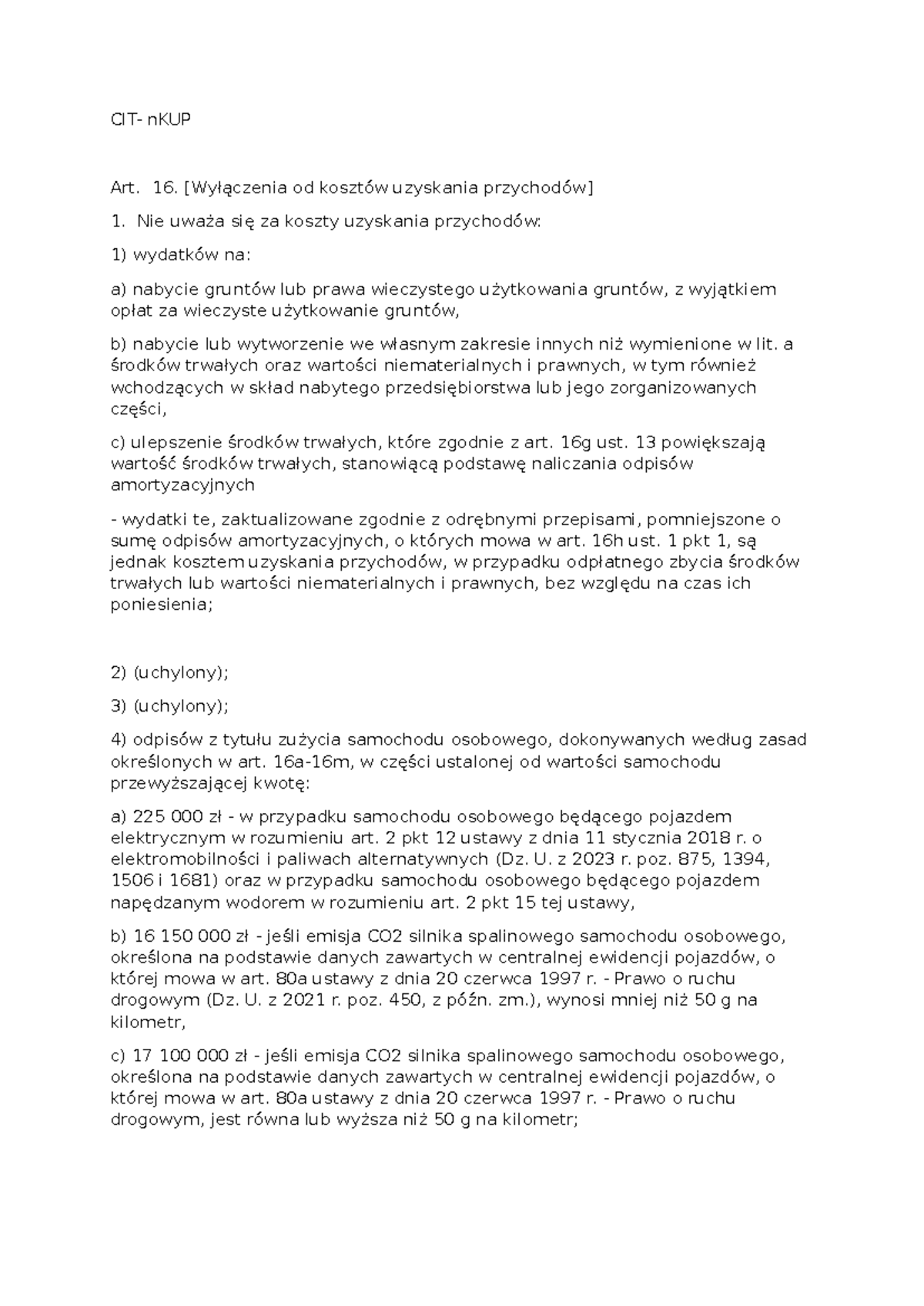 CIT-n KUP - Koszty uzyskania przychodów w art. 16 - Studocu