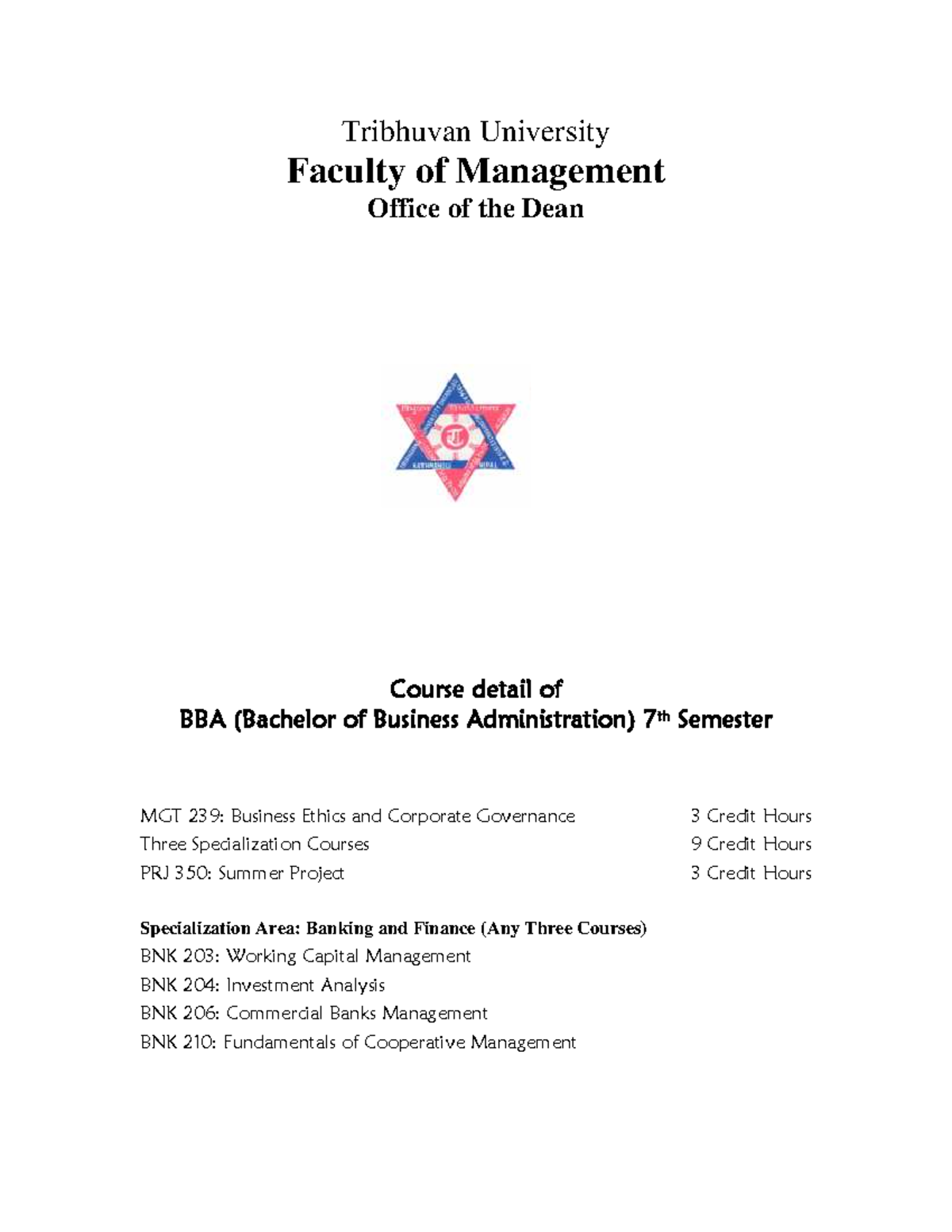 BBA 7th Semester Syllabus 2025: MGT 239 & Specialization Courses - Studocu