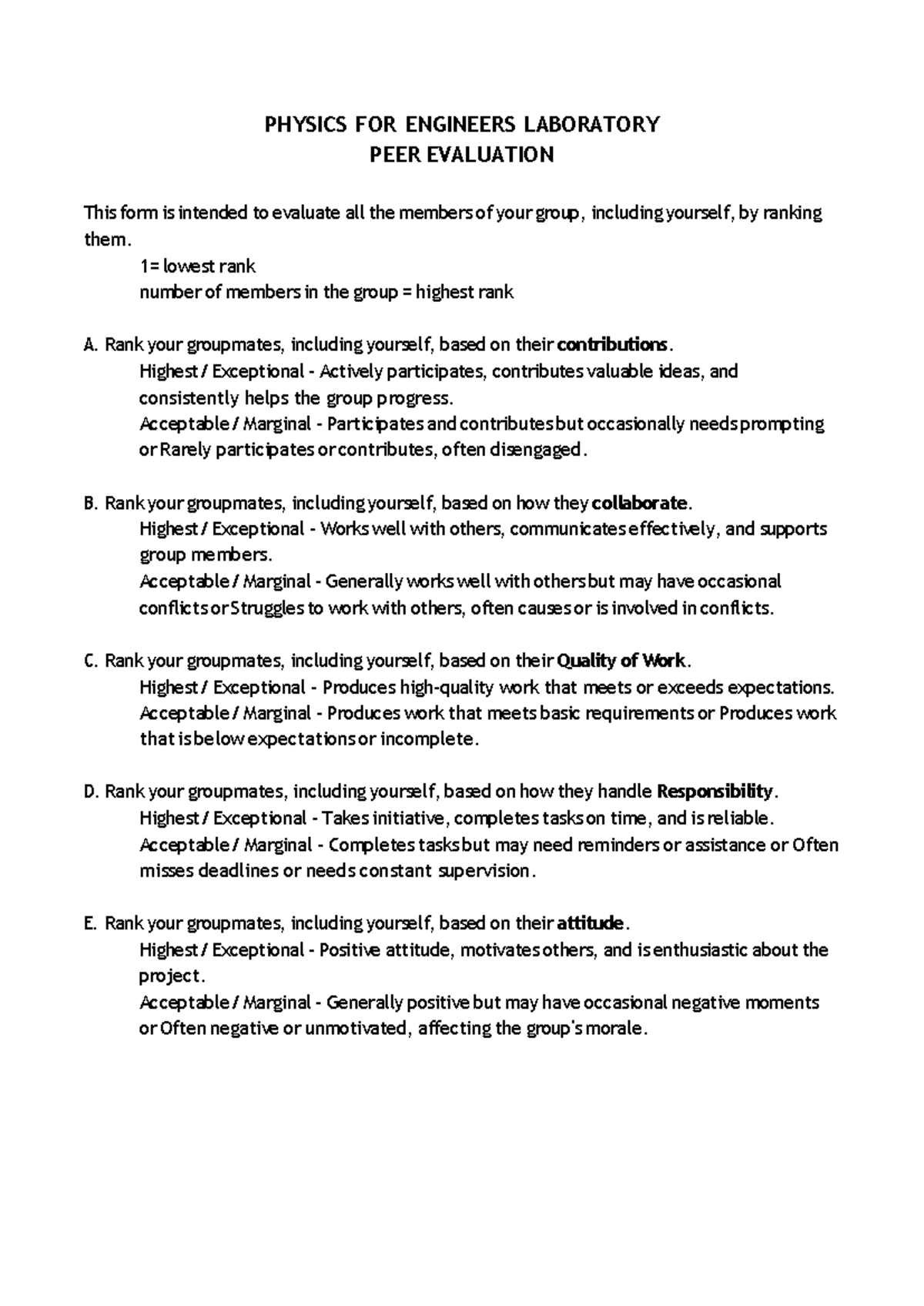 PHYSICS FOR ENGINEERS LAB PEER EVALUATION FORM - Studocu