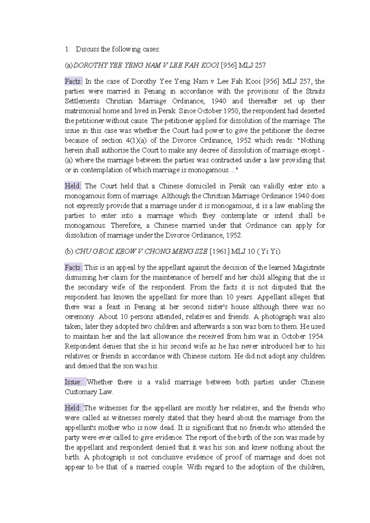 Fam Law Tuto 2: Analysis of Key Marriage Cases and Legal Principles ...