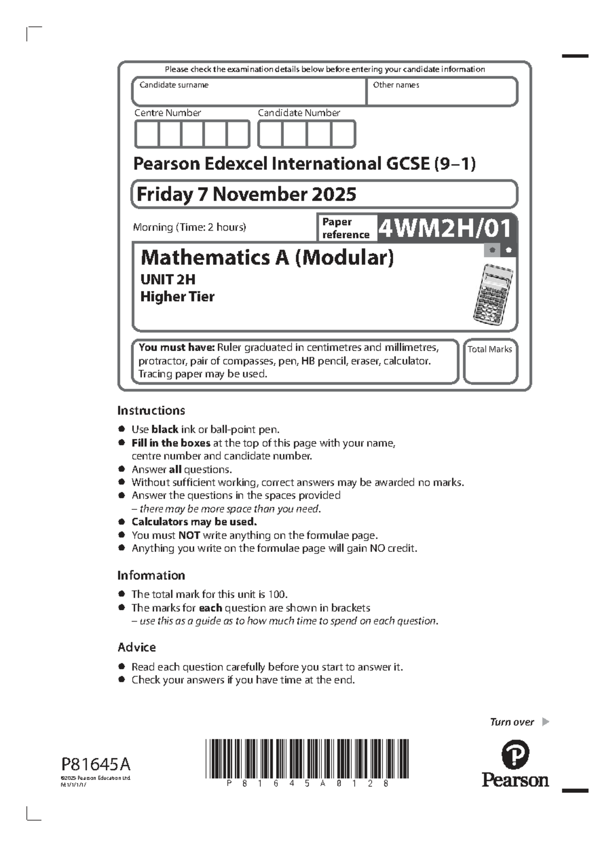 International GCSE Mathematics A (Modular) UNIT 2H - Exam Paper Nov ...