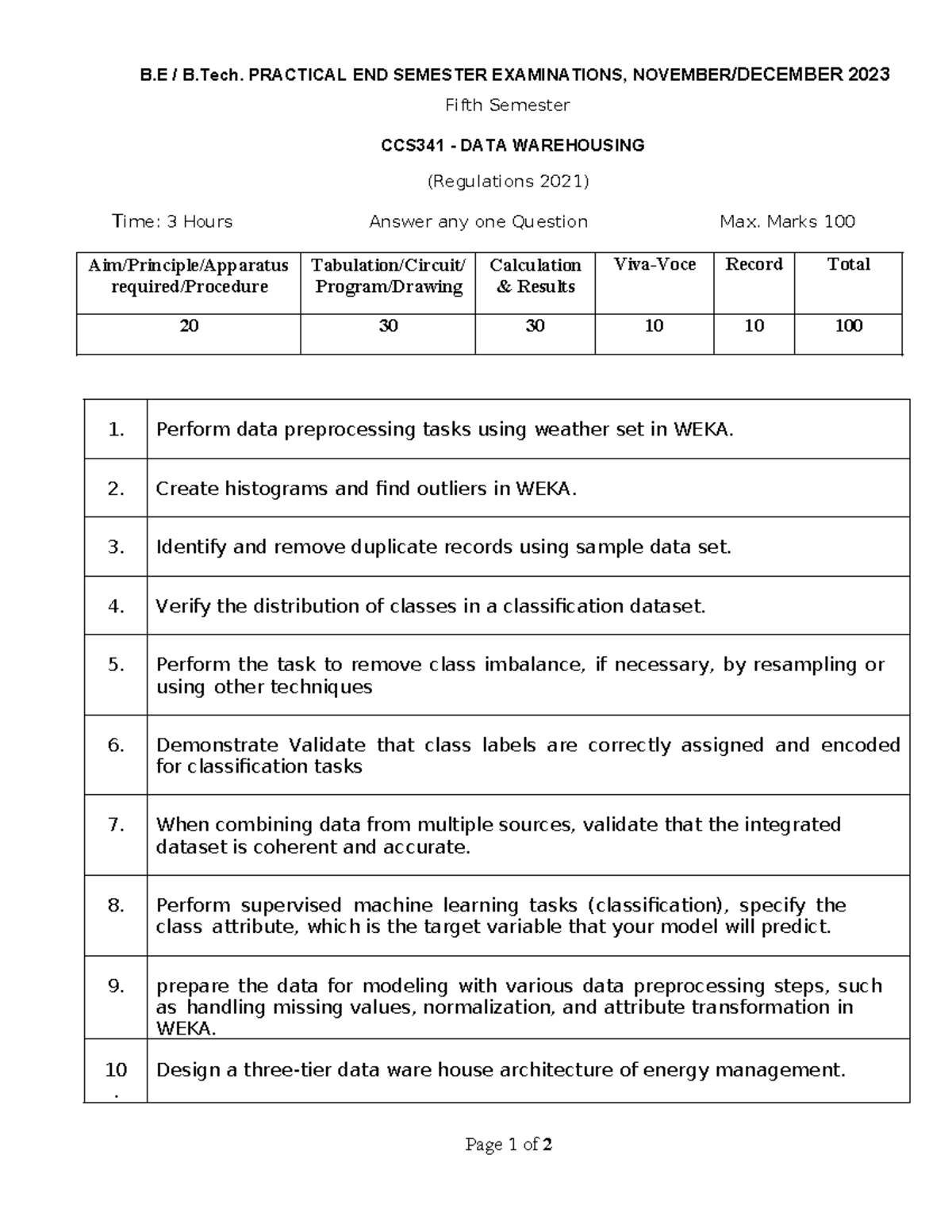 CCS341 Data Warehousing Practical Exam - Set 2, 2023 - Studocu