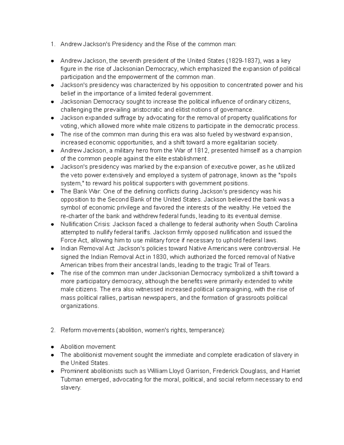 APUSH Unit 4: Jacksonian Democracy and Reform Movements Analysis - Studocu