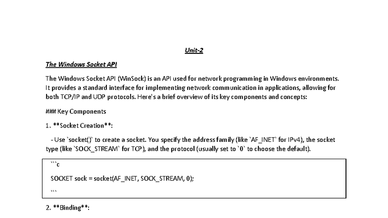 Unit-2: Overview of the Windows Socket API and Blocking Sockets - Studocu