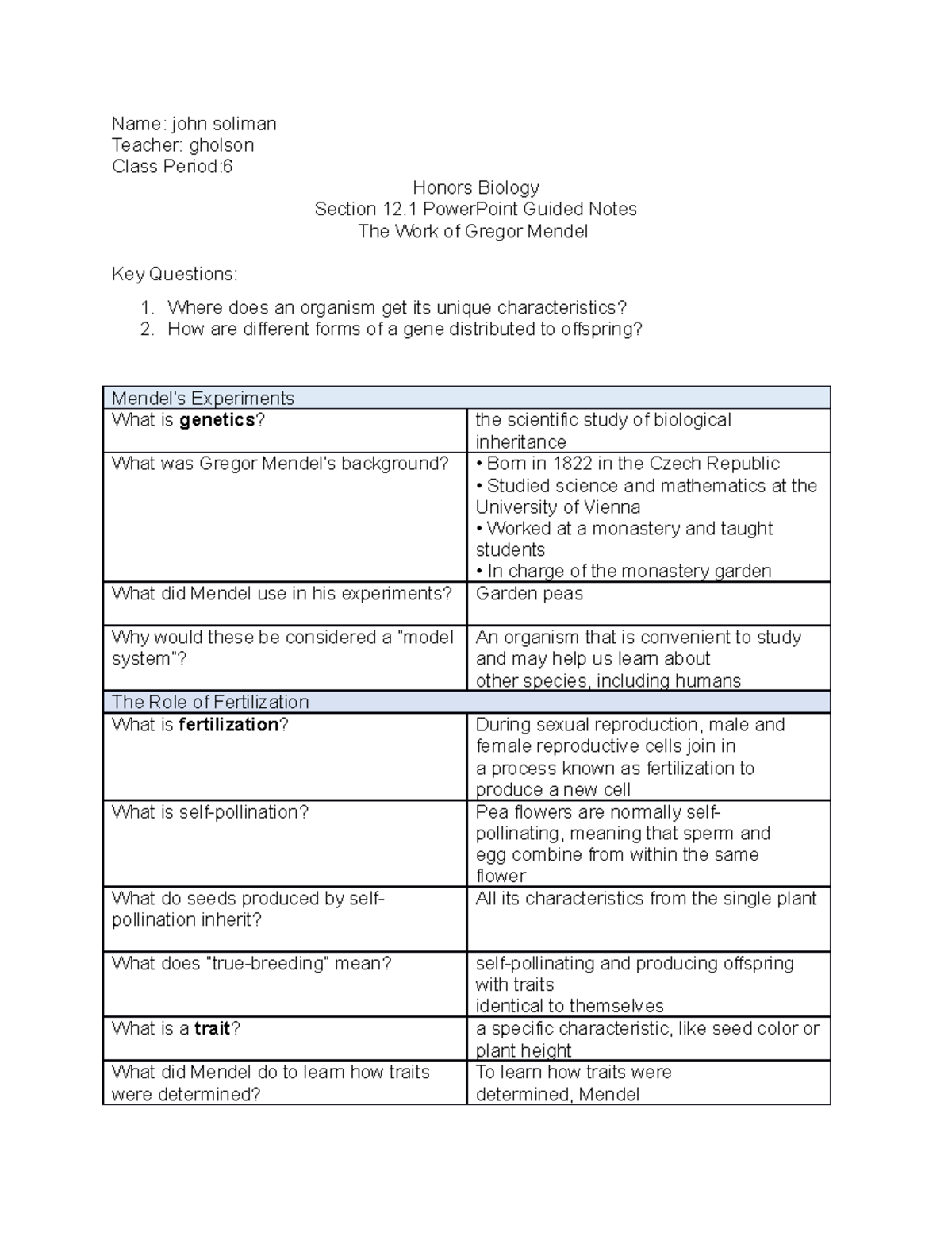 12.1 Honors Bio Guided Notes on Gregor Mendel's Discoveries - Studocu