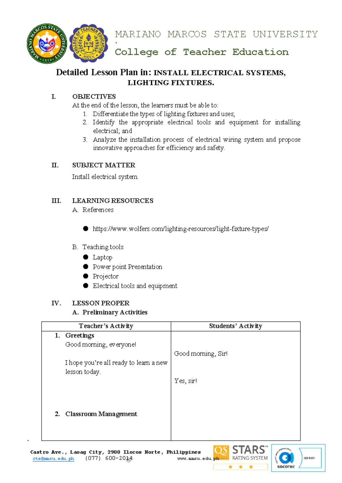 Detailed Lesson Plan: Installing Electrical Systems & Lighting Fixtures ...