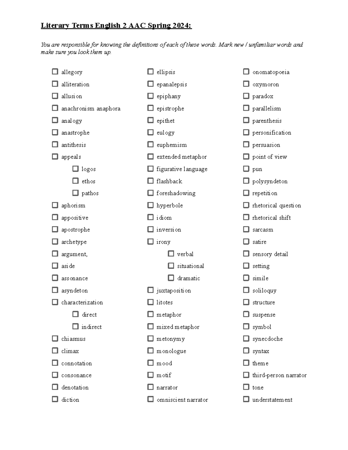 Literary & Rhetorical Terms for English 2 AAC Spring 2024 - Studocu