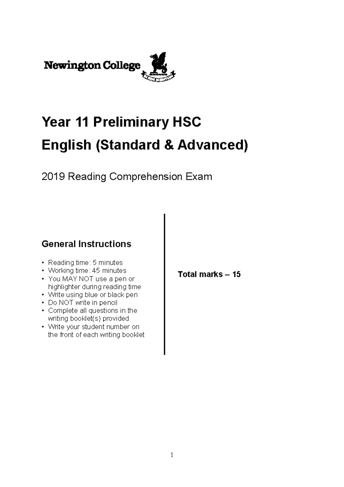 Year 11 HSC English (Std Adv) 2019 Reading Comprehension Exam - Studocu