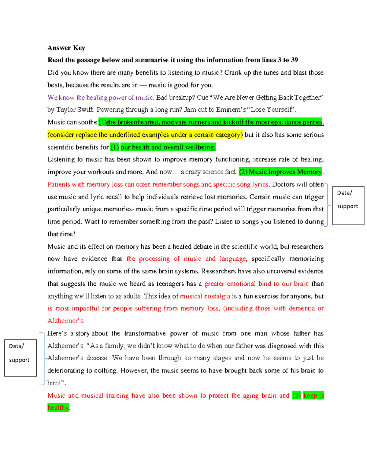 Summary Practice - Power of Music - Answer Key (40-39 Char. Limit ...