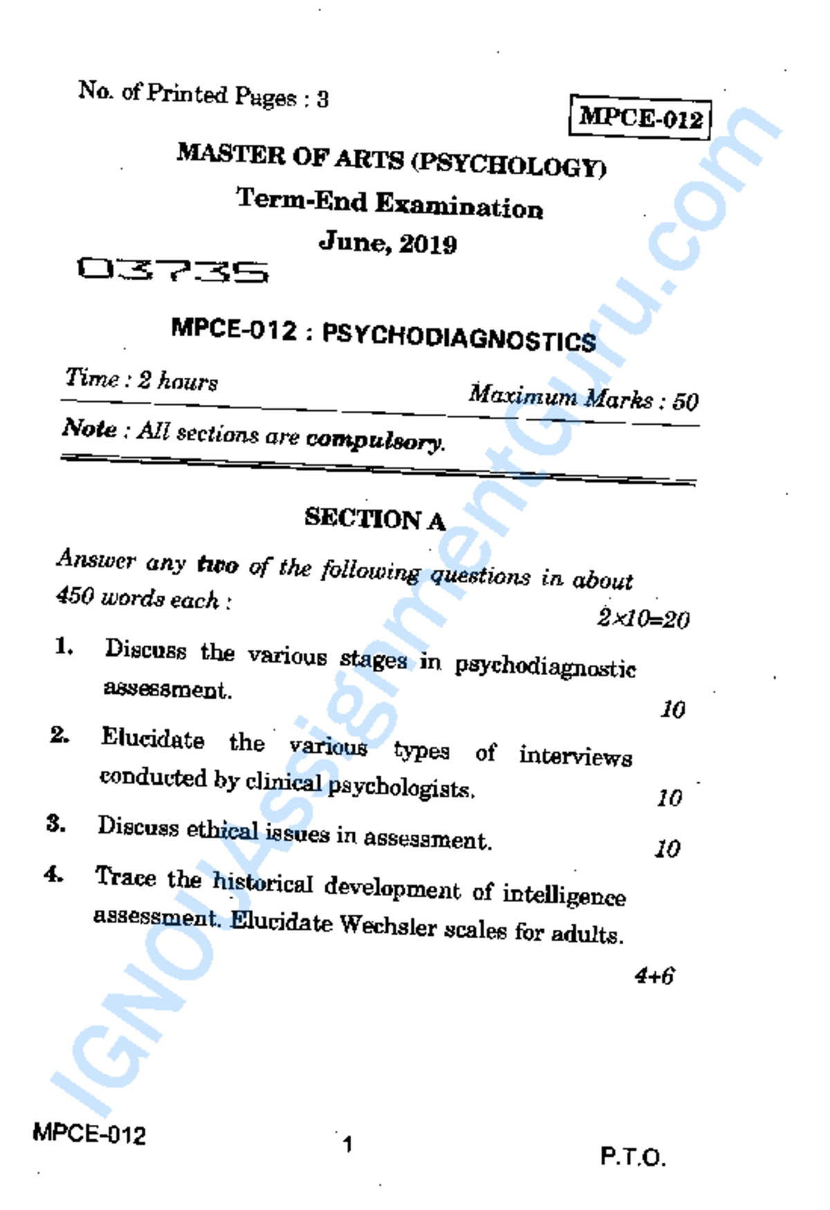 MPCE-012 - Psychodiagnostics Term-End Exam Papers Compilation - Studocu