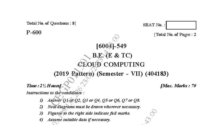 Cloud Computing Exam Paper B.E. (E&TC) (2019 Pattern) Sem VII - Studocu