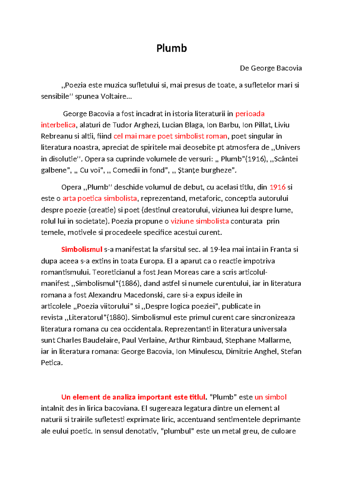 Eseu despre "Plumb" de George Bacovia - LIT 101 - Studocu