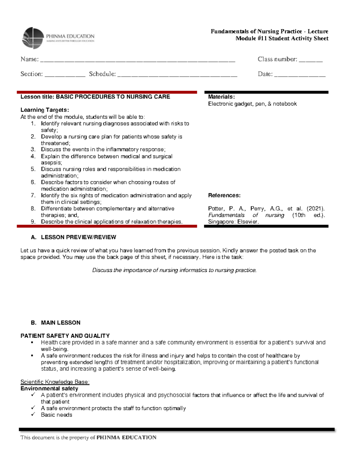 SAS #11 - Fundamentals of Nursing Practice Lecture Module Activities ...