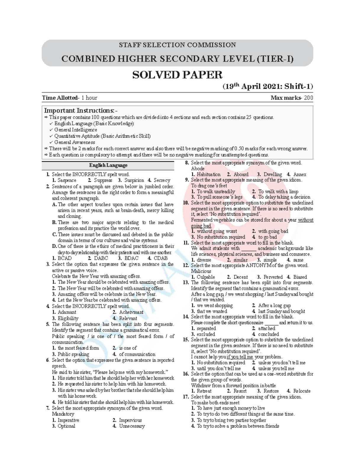 SSC CHSL Combined Higher Secondary Level Solved Paper - 19 Apr 2021 ...