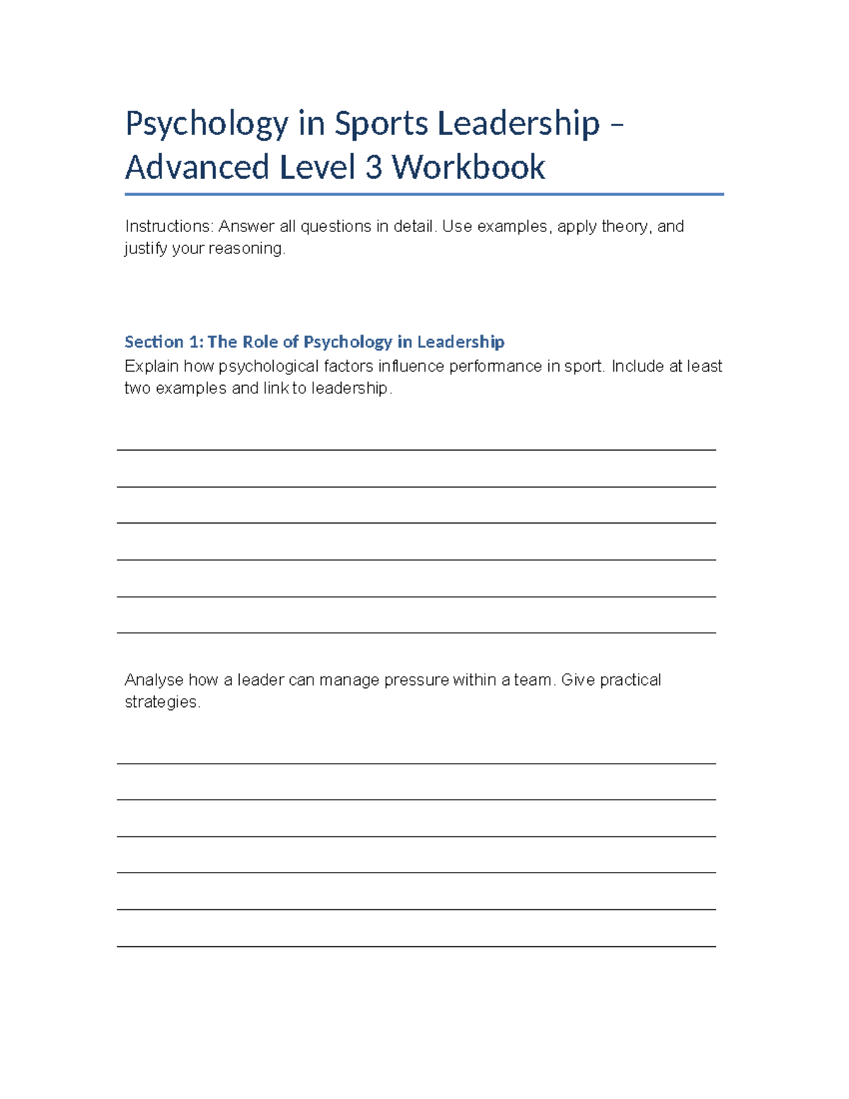 Advanced Level 3: Sports Psychology Workbook & Leadership Insights ...