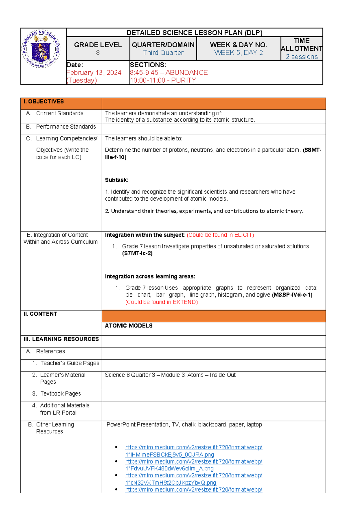 Grade 8 Detailed Lesson Plan: Atomic Models & Theories (Third Quarter ...