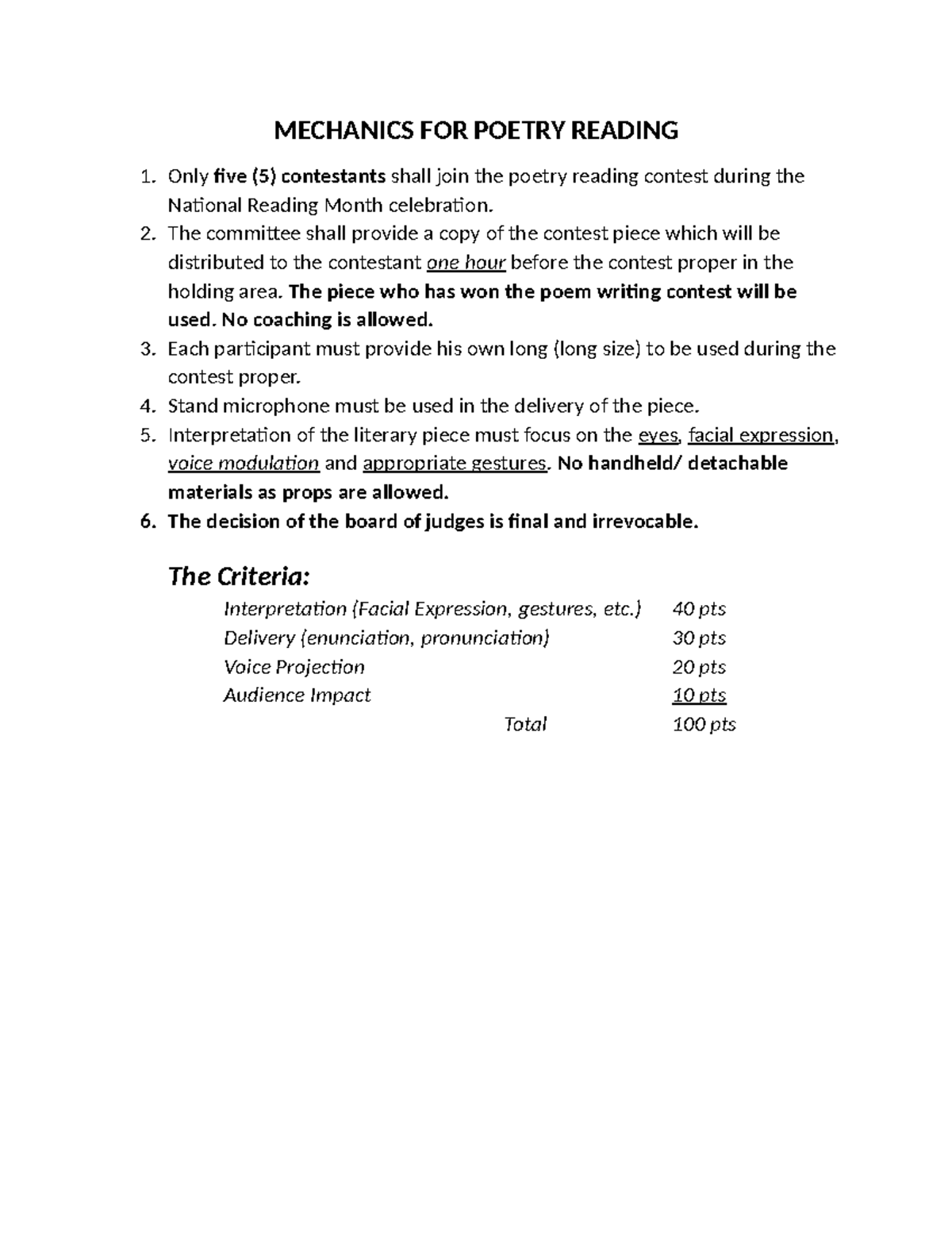 Mechanics FOR Poetry Reading - MECHANICS FOR POETRY READING Only five ...