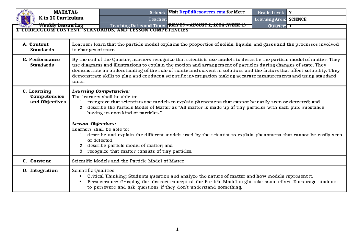 DLL Matatag Science 7 Q1 W1: Understanding the Particle Model of Matter - Studocu