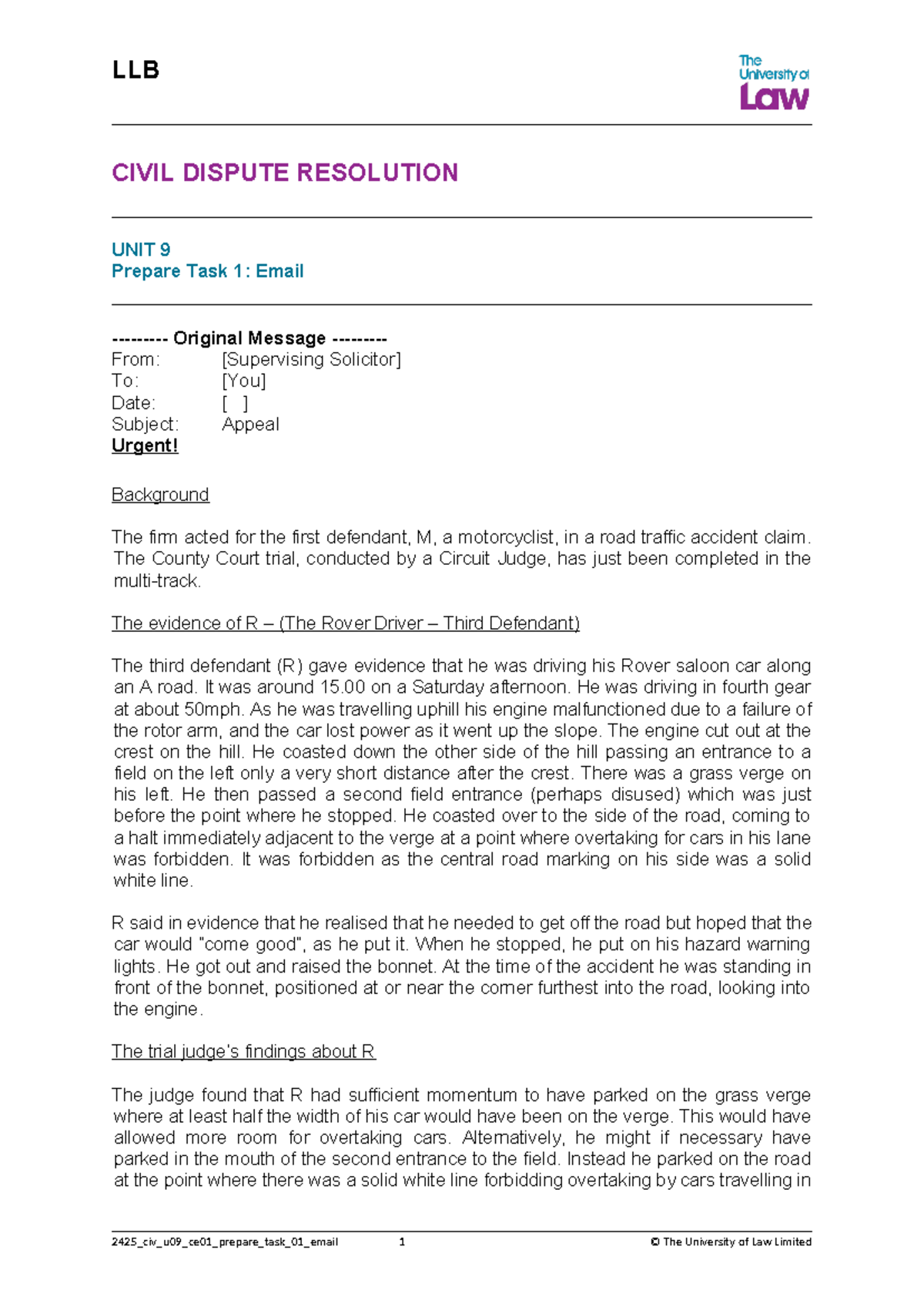 CIVIL DISPUTE RESOLUTION: Task 1 - Email Analysis (Unit 9) - Studocu
