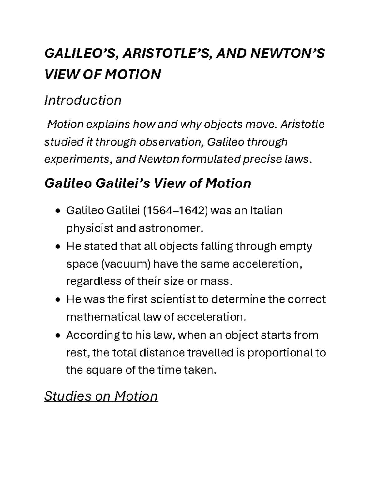 Physics 101: Motion and the Views of Galileo & Newton - Studocu