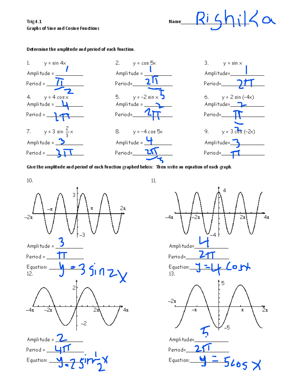 Graphs Of Sine And Cosine Functions Worksheet 6.6 Trigonometric