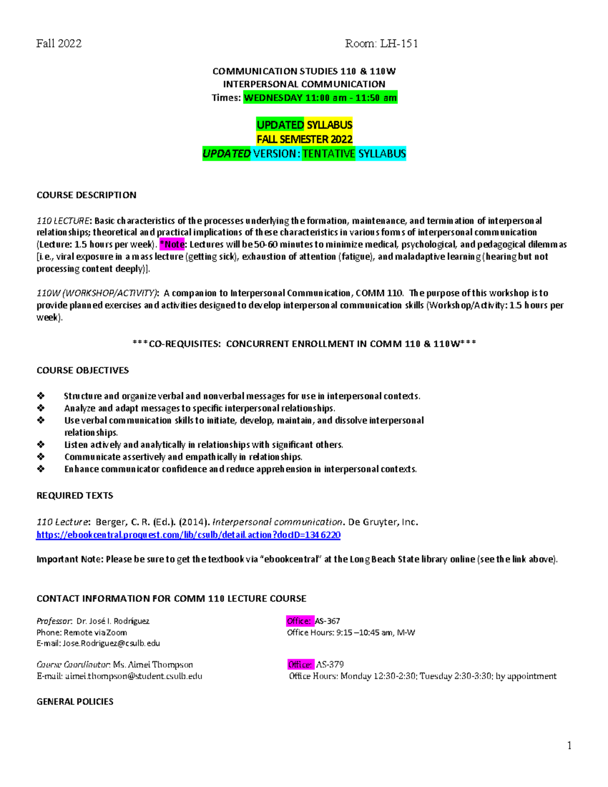COMM 110 FALL 2022 Updated Syllabus for Interpersonal Communication ...