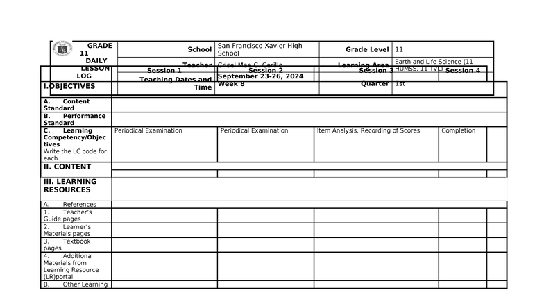 GRADE 11 EARTH AND LIFE SCIENCE DAILY LESSON LOG (Q1) - Studocu