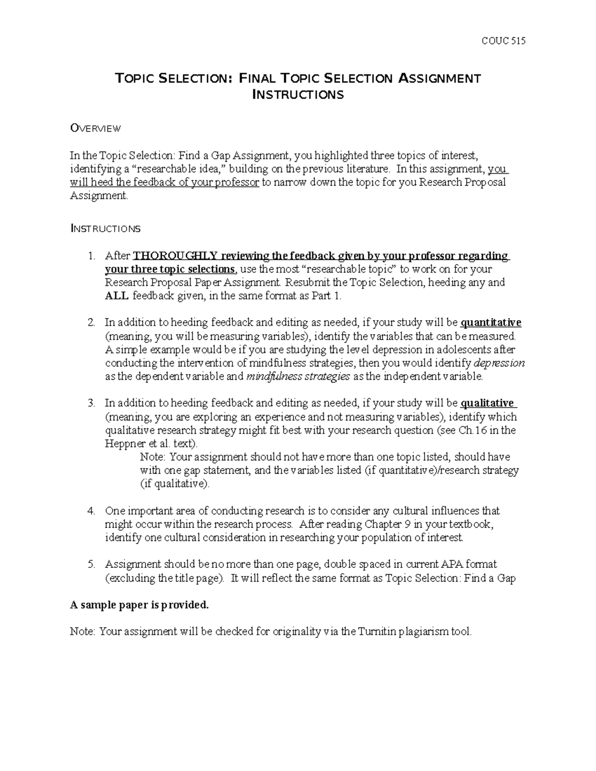 Topic Selection Final Topic Selection Assignment Instructions 202240 - COUC 515 TOPIC SELECTION ...