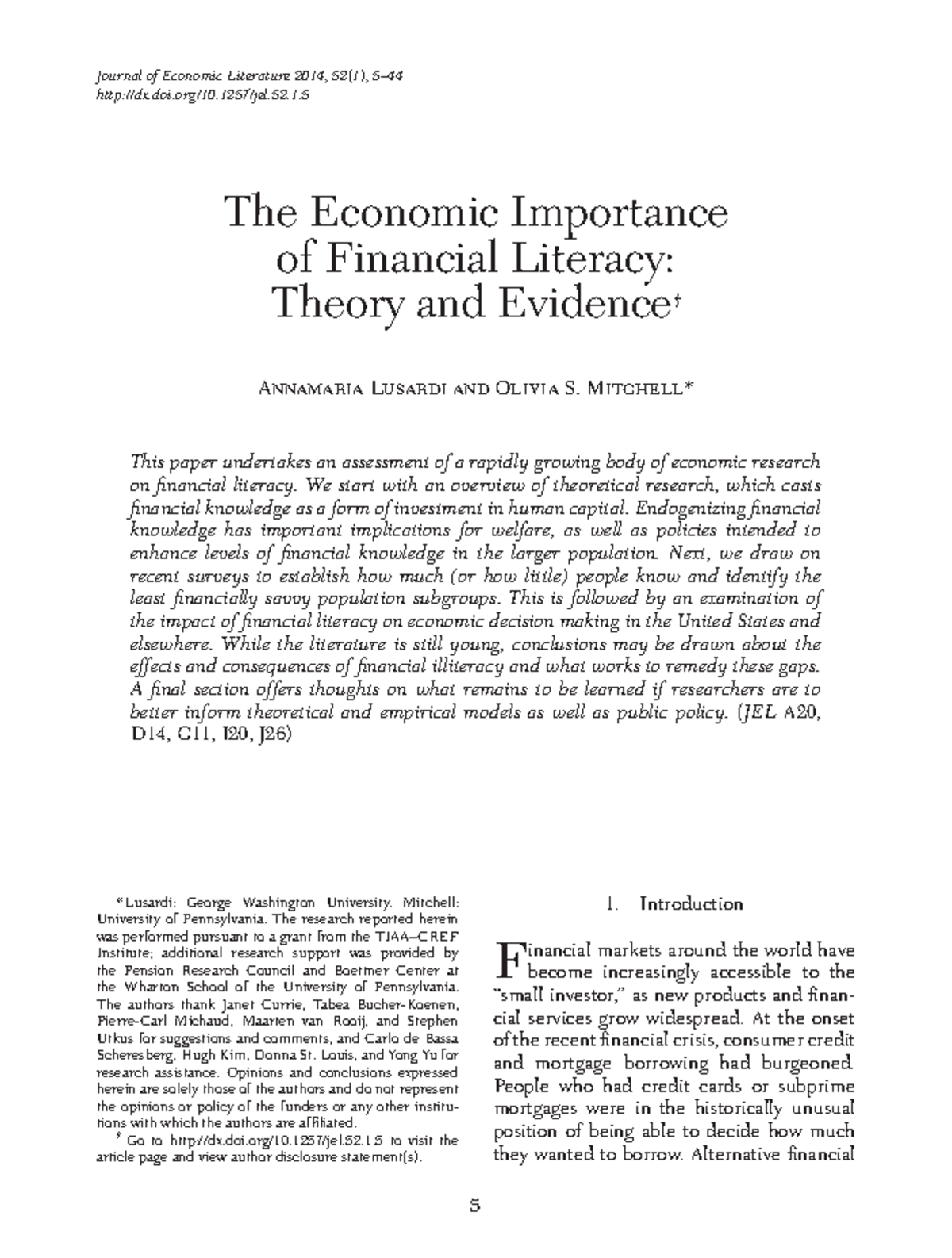 The Economic Importance of Financial Literacy: Theory and Evidence ...